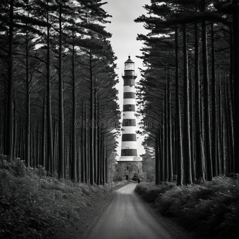 A Black White Striped Lighthouse at the Edge of a Dense Forest with ...