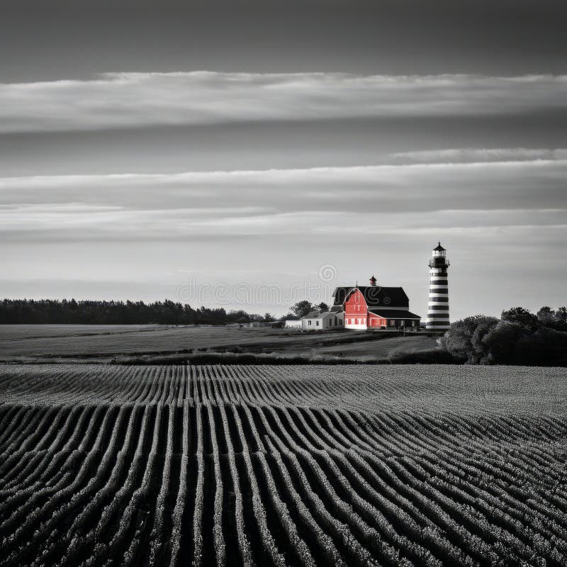 A Black White Striped Lighthouse in a Rural Setting with a Red Barn and ...