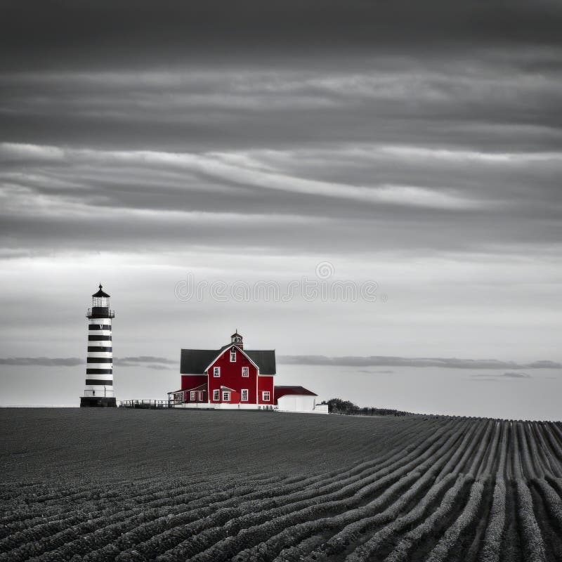 A Black White Striped Lighthouse in a Rural Setting with a Red Barn and ...