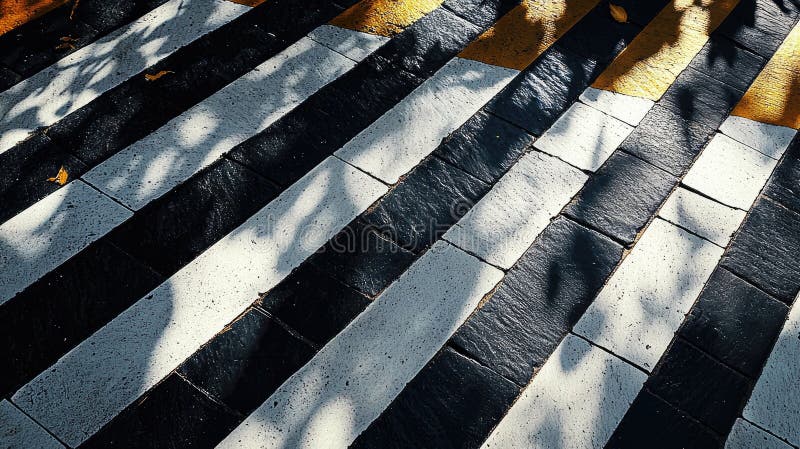 Black and White Striped Walkway with Dappled Shadows and Angles Stock ...