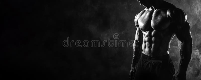 Black and White Studio Portrait Banner of Muscular Bodybuilder Stock ...