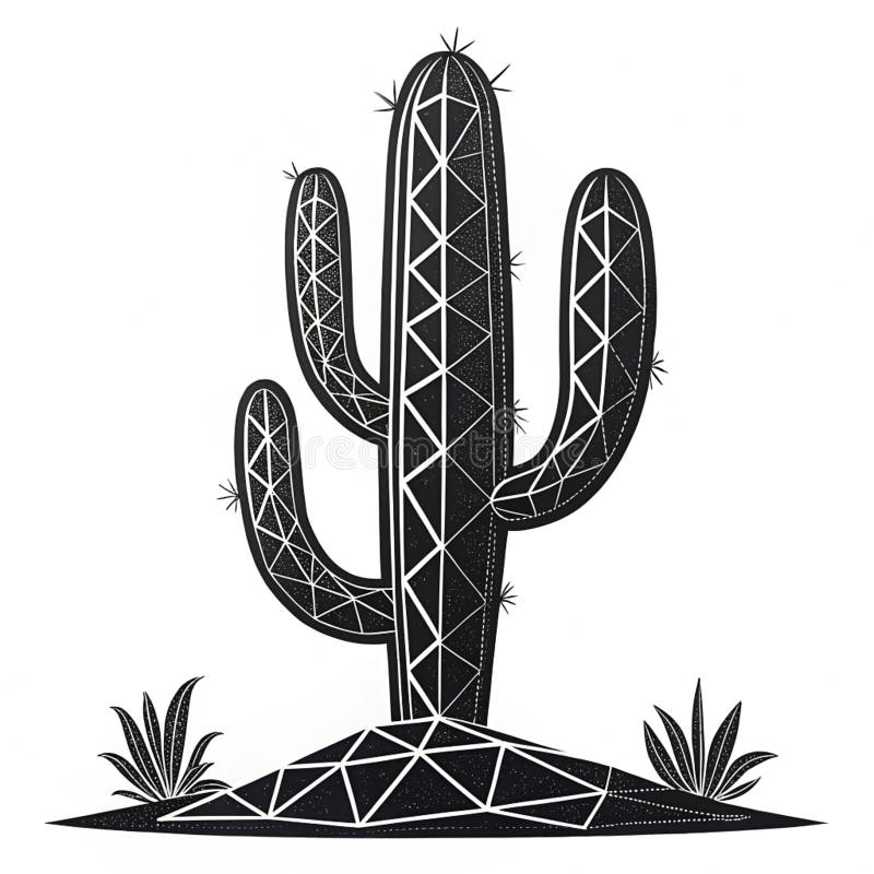 Black and White Geometric Cactus Illustration with Patterned Soil Stock ...