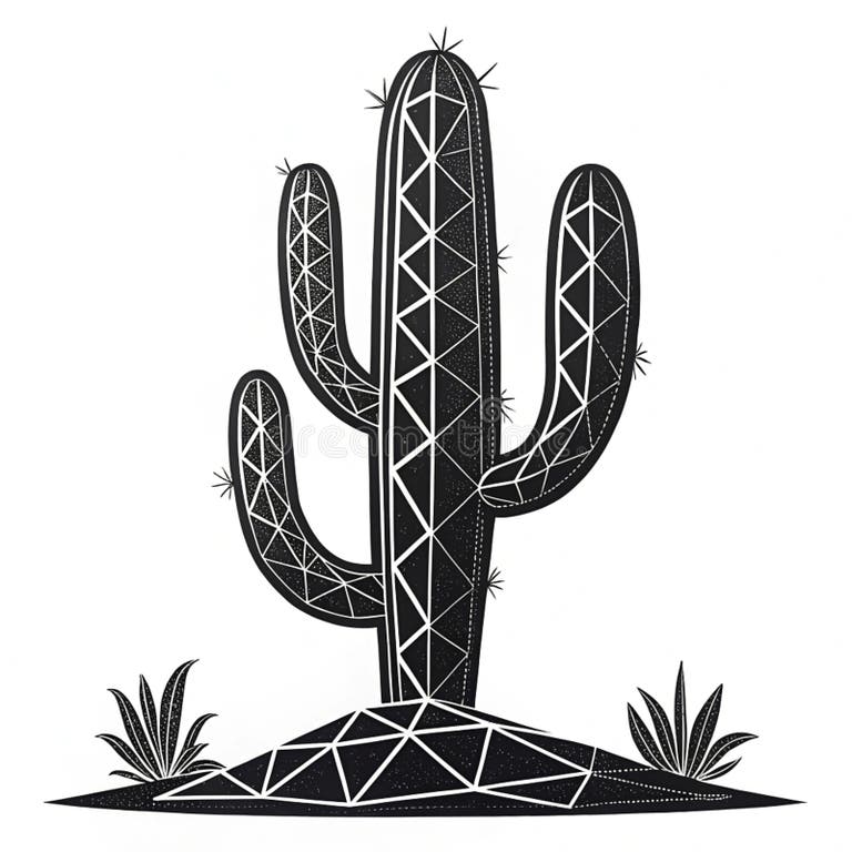 Black and White Geometric Cactus Illustration with Patterned Soil Stock ...