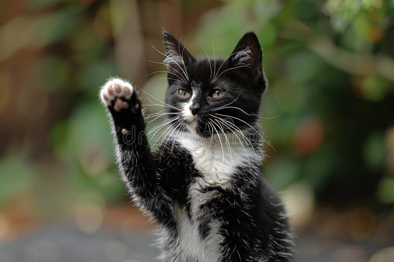 An Black and White Tabby Cat Pointing His Paws, High Quality, High ...