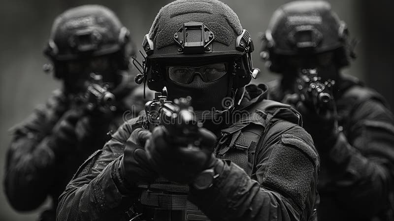 Black and White Tactical Team Aiming Weapons Stock Illustration ...