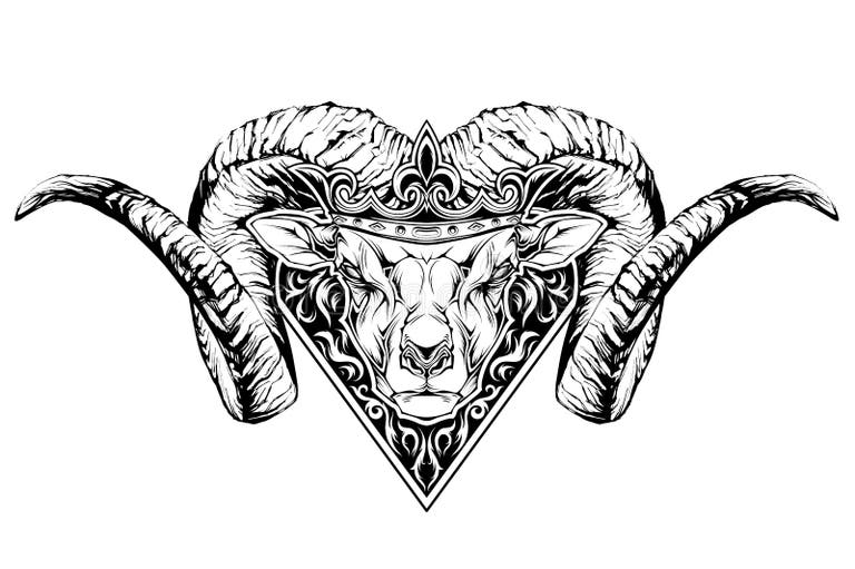 Black and White Tattoo of a Ram Head in Crown. Stock Vector ...