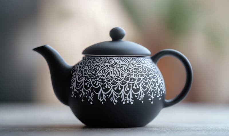 A Black and White Tea Pot with a White Design on it Stock Photo - Image ...