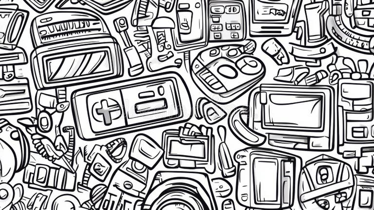 Black and White Tech Doodle Stock Illustration - Illustration of tape ...
