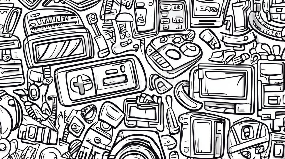 Black and White Tech Doodle Stock Illustration - Illustration of tape ...