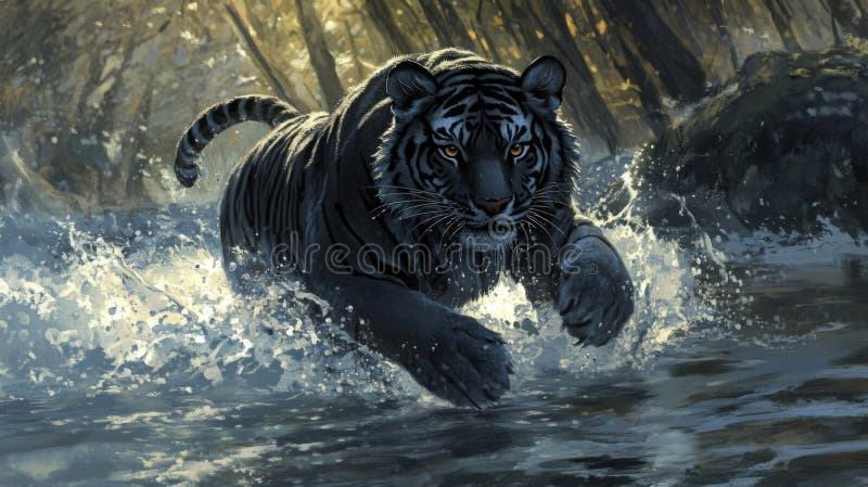 Black and White Tiger Running through Forest Stream Stock Illustration ...
