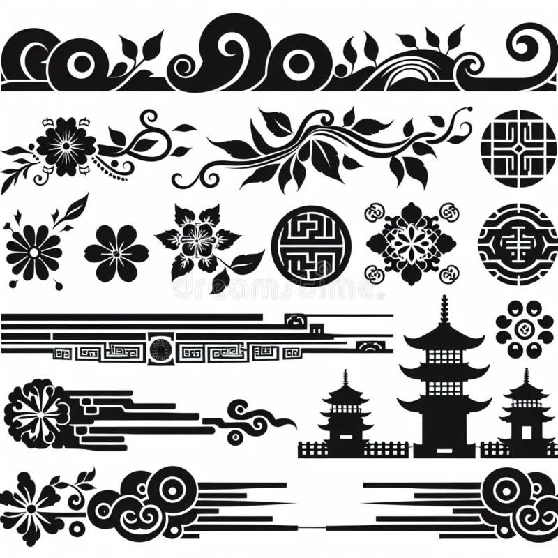 Black and White Traditional Asian Patterns Featuring Nature and ...