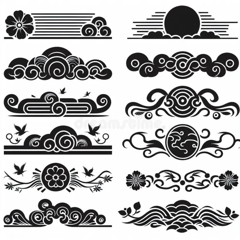 Black and White Traditional Asian Patterns Featuring Nature and ...