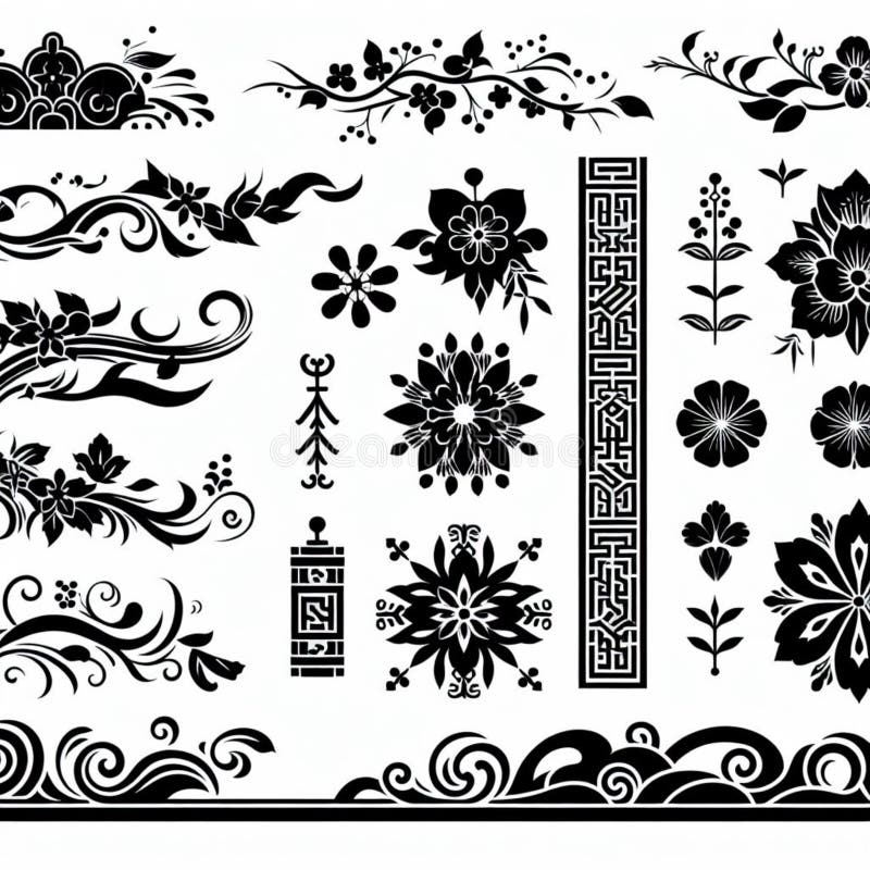 Black and White Traditional Asian Patterns Featuring Nature and ...