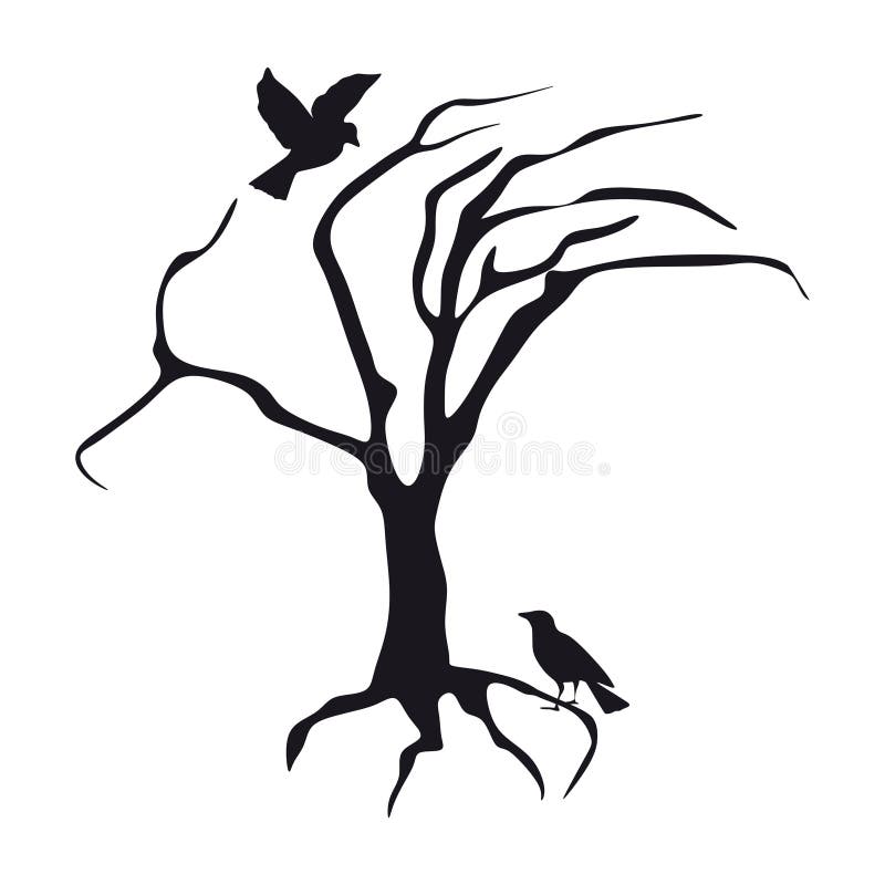 Black and White Tree with Birds on the Branches Stock Vector ...