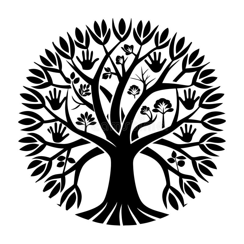 Black and White Tree with Hand Prints Symbolizing Community and Growth ...
