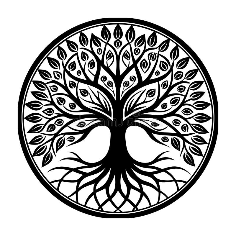 Black and White Tree of Life Illustration in Circular Frame Design ...