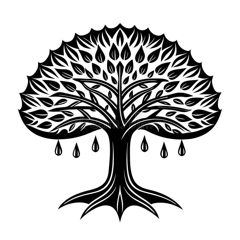 Black and White Tree of Life Silhouette with Dripping Elements Stock ...