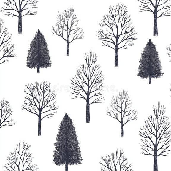 Black and White Tree Pattern Design Featuring Various Types of Trees in ...