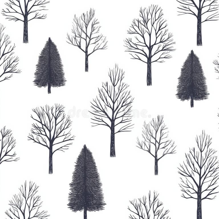 Black and White Tree Pattern Design Featuring Various Types of Trees in ...