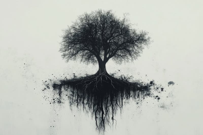 Black and White Tree with Roots Floating Above a Minimalist Background ...