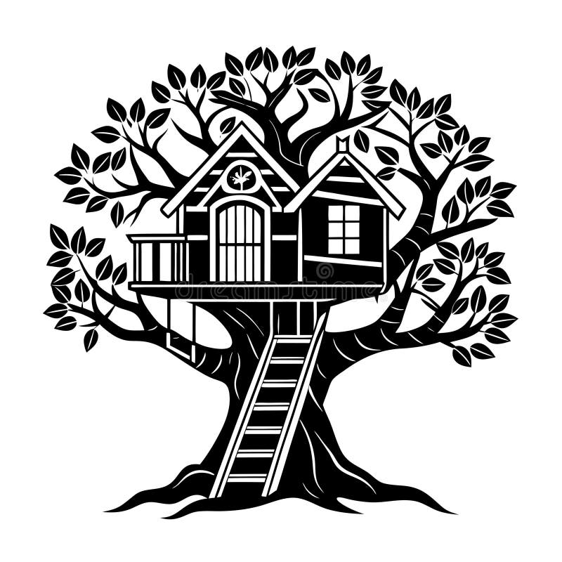 Black and White Treehouse Vector Illustration with Ladder and Leafy ...