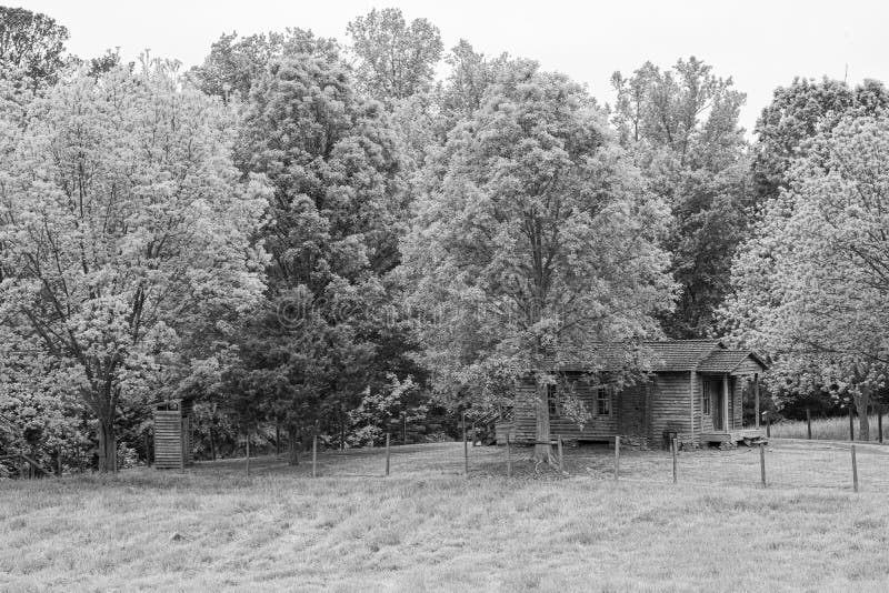 Black and White of Trees and a Farm House in the Field. Stock Image ...