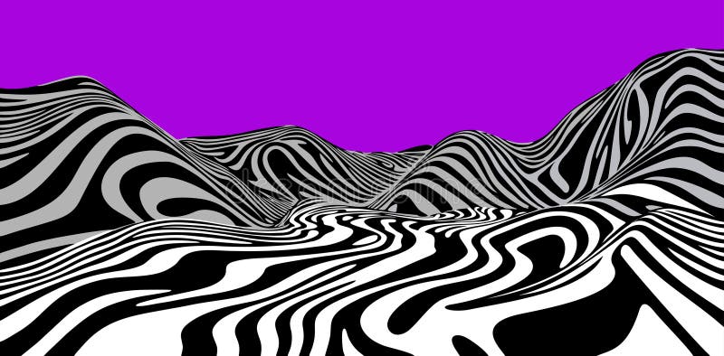 Black and White Trippy Wavy Surface. Abstract Mountains on Purple ...