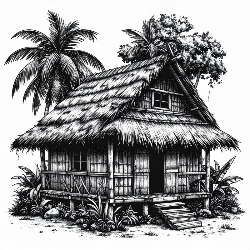 Black and White Tropical Thatched Hut Illustration Stock Illustration ...