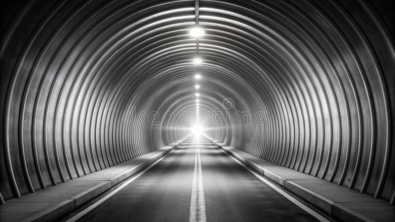 A Black and White Tunnel Stretching into the Distance with Light ...