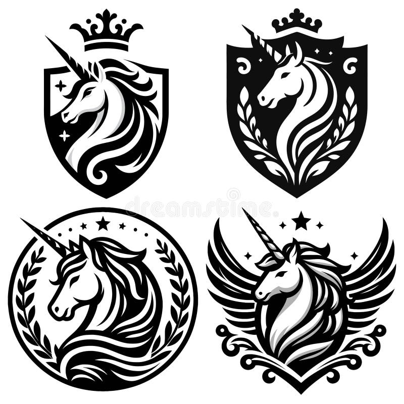 Black and White Unicorn Crest Vector Illustration Set, Perfect for ...