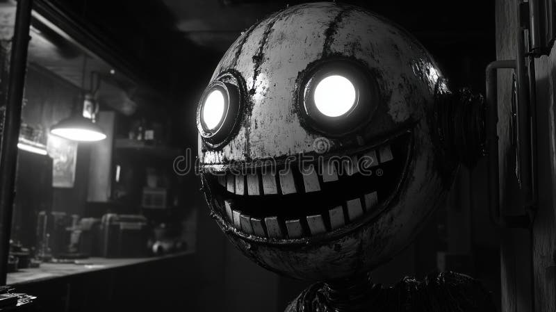 Creepy Spherical Robot Head with Wide Grin, Monochrome. Stock ...