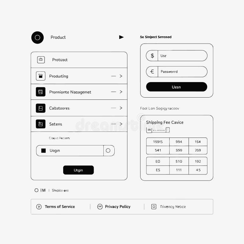 Black and White User Interface Design Mockup Showing Product Menu ...