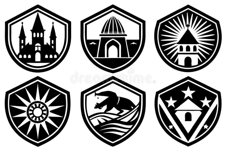 Black and White Vector Art Features Six Shield-shaped Emblems Stock ...