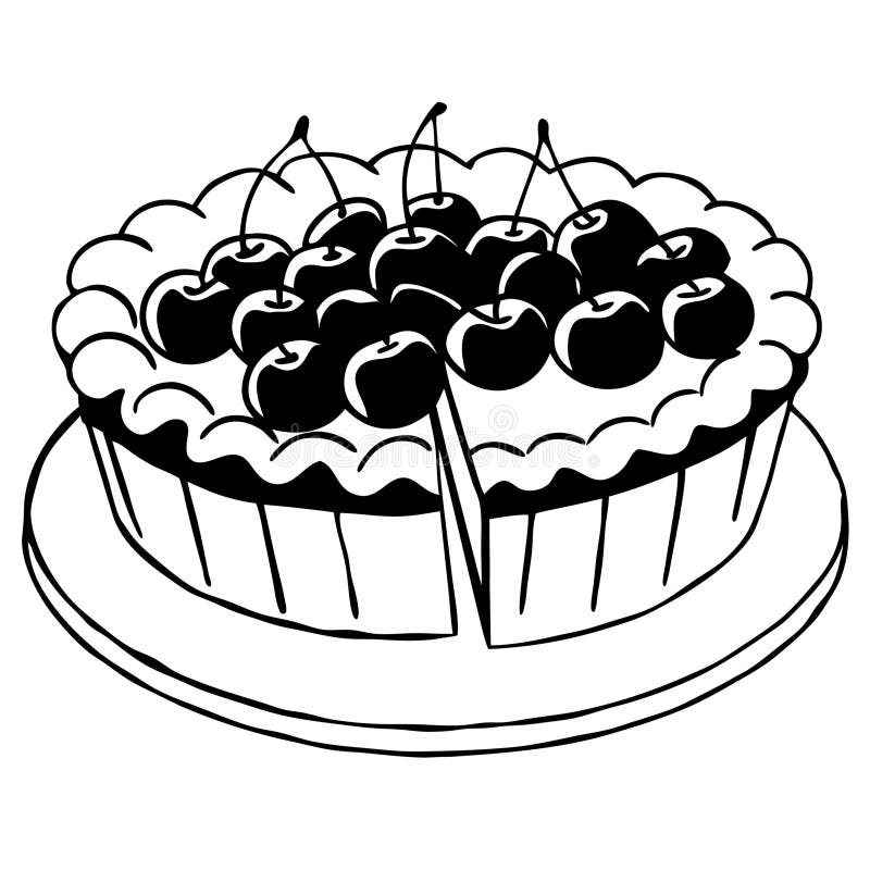 Black and White Vector Cherry Pie Slice with Cherries Topping ...