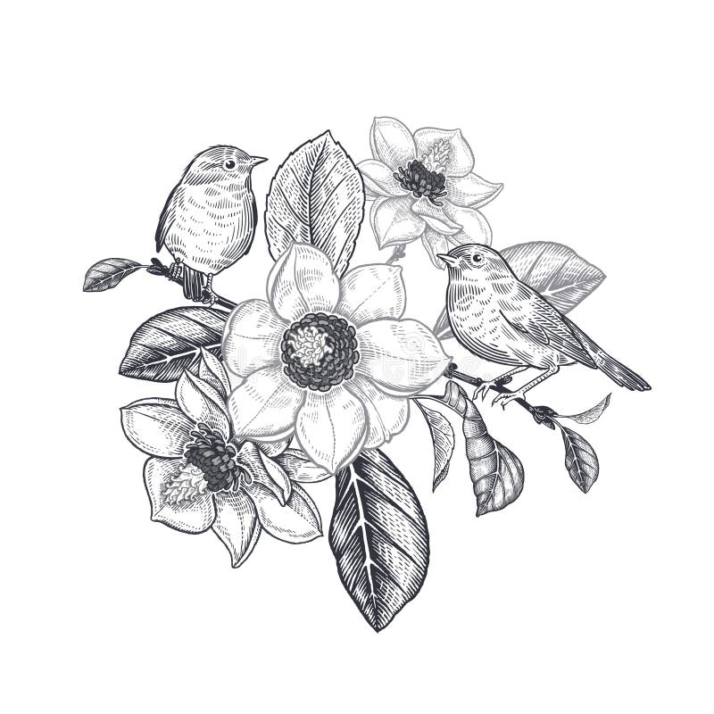 A Tree Branch and Two Little Cute Birds. Black and White Vector ...