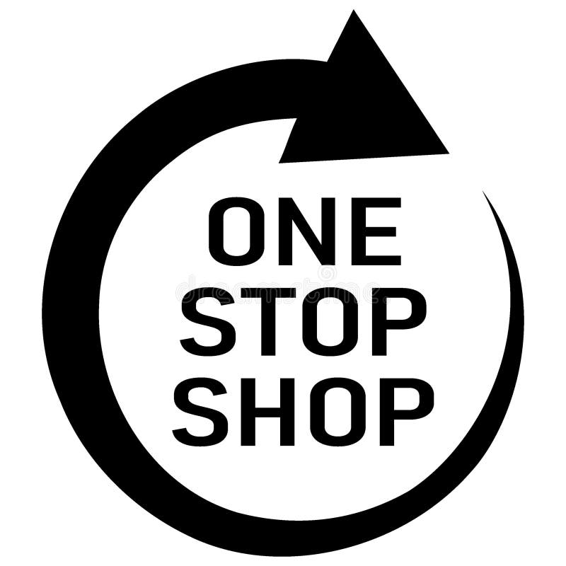Black And White Vector Graphic Of A Spiraling Arrow With A Message Of One Stop Shop In The
