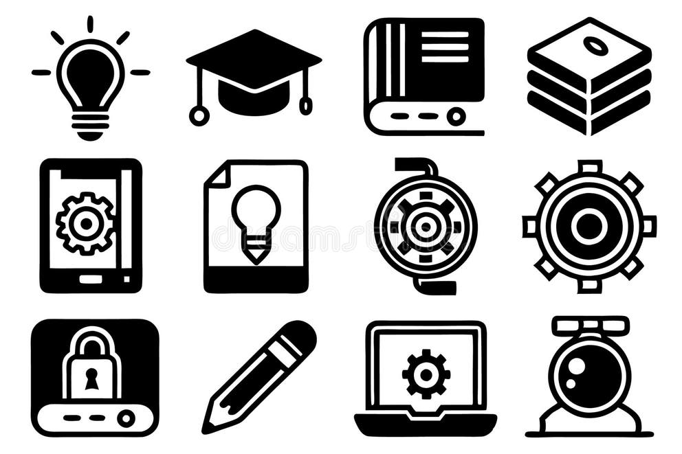 Black and White Vector Icons Featuring Educational and Tech Themes ...