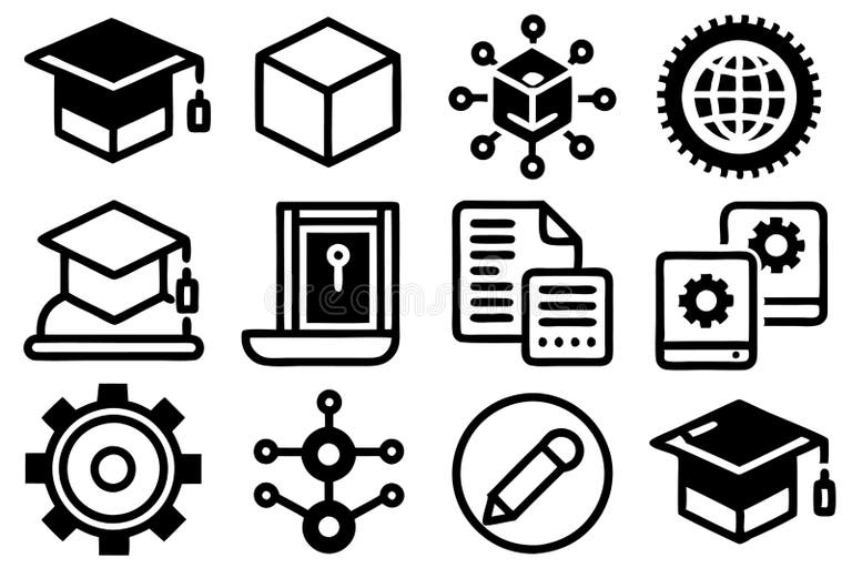 Black and White Vector Icons with a Technological and Educational Theme ...