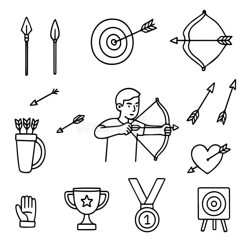 Black and White Vector Illustration Depicting Archery Equipment and Action Scenes. Includes Bow ...