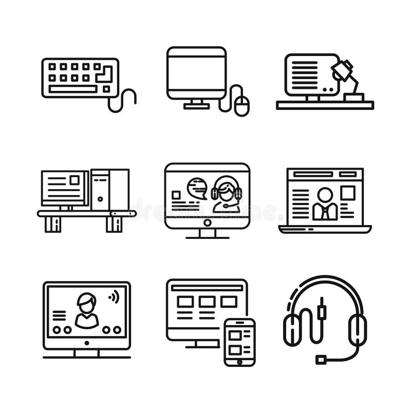 Computer and Accessories Icon Set Black and White Illustration Stock ...