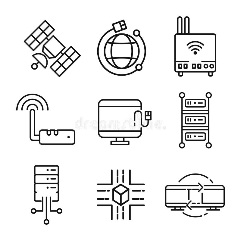 Networking Device Icon Set Black and White Illustration Stock Vector ...