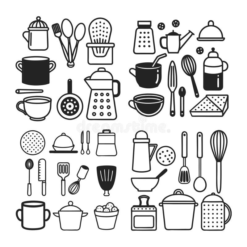 Black and White Vector Illustration Featuring Various Kitchen Utensils ...