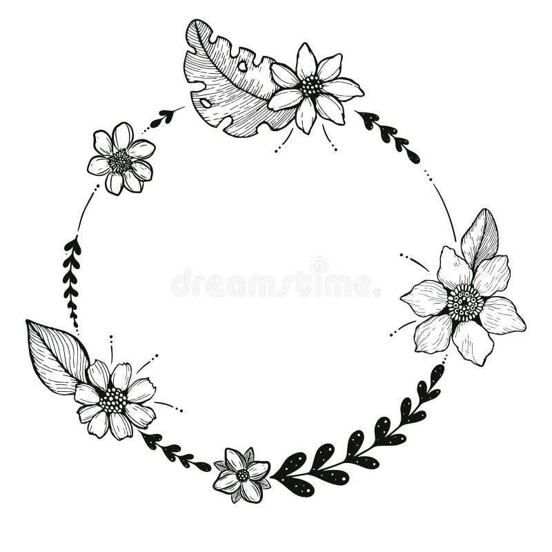 Black and White Vector Illustration. Floral Design. Circle Frame for ...