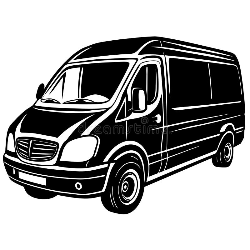 Black and White Vector Illustration of a Modern Delivery Van with ...