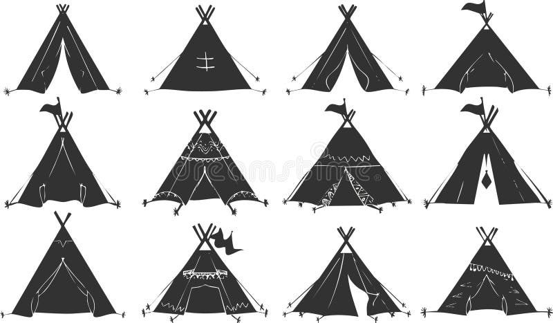 Black and White Vector Illustration of Traditional Teepee Tents. Stock ...