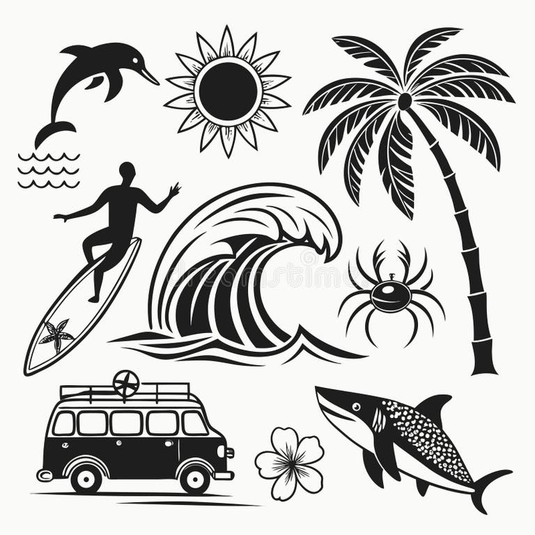 Black and White Vector Illustrations of Tropical Beach and Surf Elements Surfing Wave Stock ...