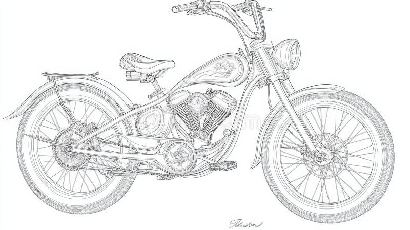 Black and White Vector Line Art of a Classic Chopper Style Motorcycle ...