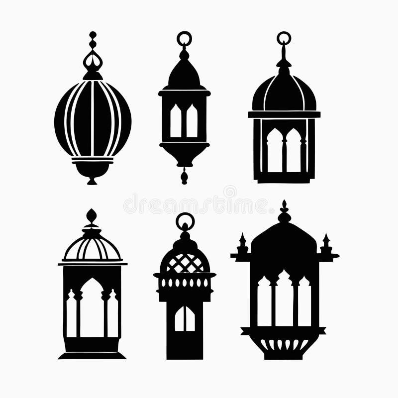Six Traditional Lanterns in Black and White Style Stock Vector ...