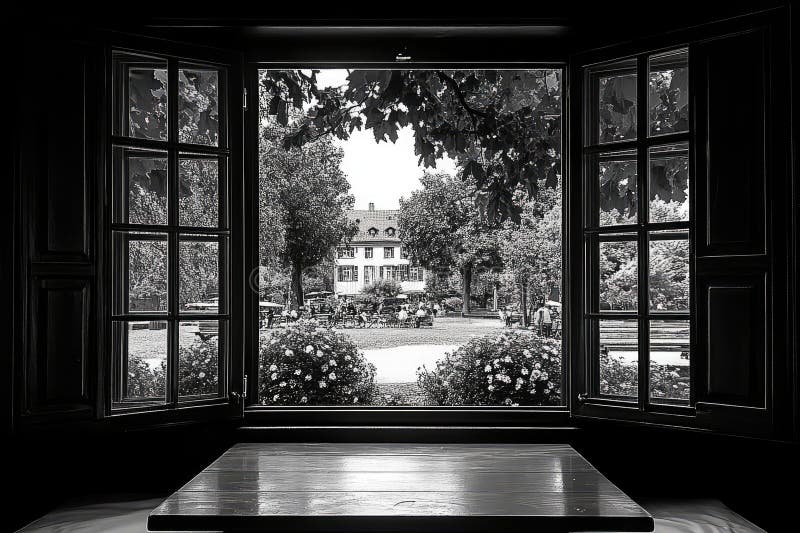 Serene Black and White View through Open Window To Garden Stock ...