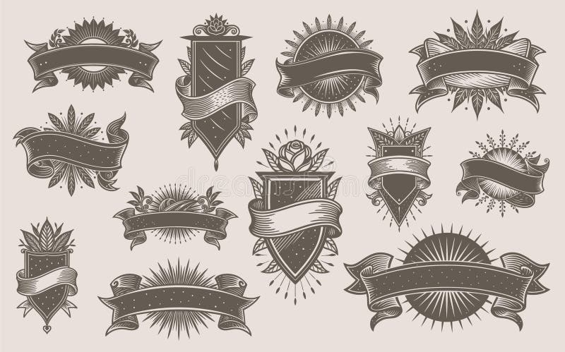 Black White Vintage Banners Ribbons Emblems Labels with Retro Design ...